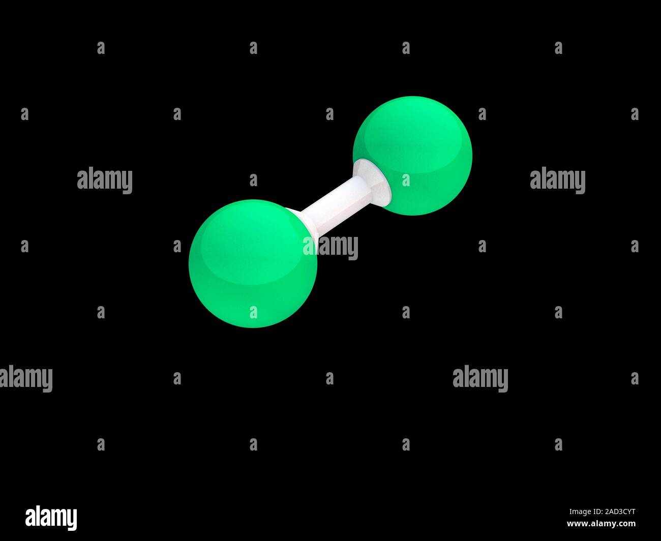 Chlorine molecule. Computer illustration showing the structure of a ...