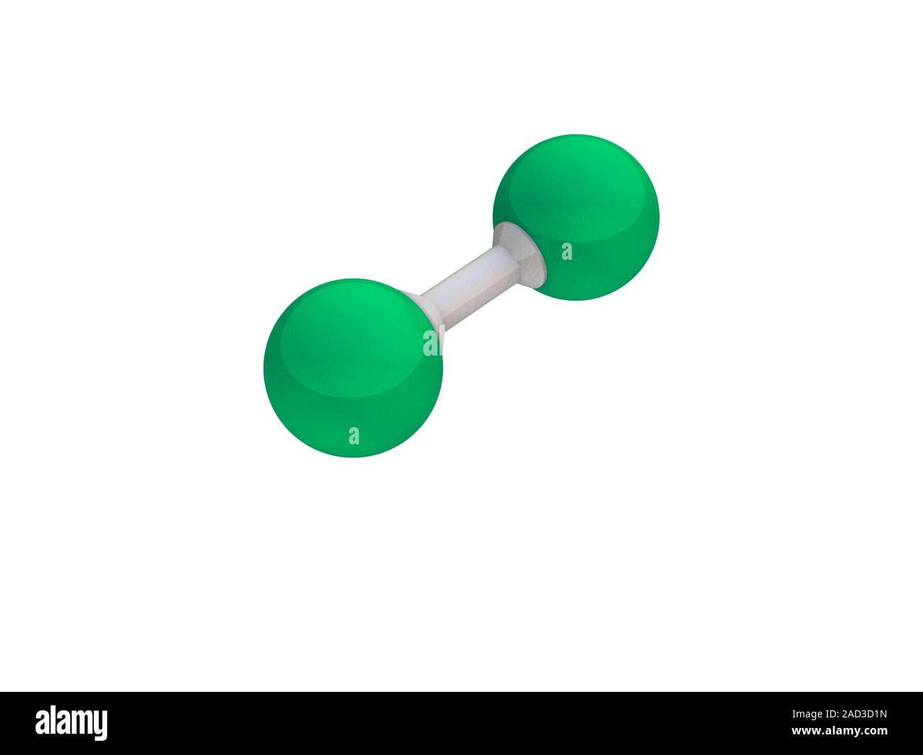 Chlorine molecule. Computer illustration showing the structure of a ...