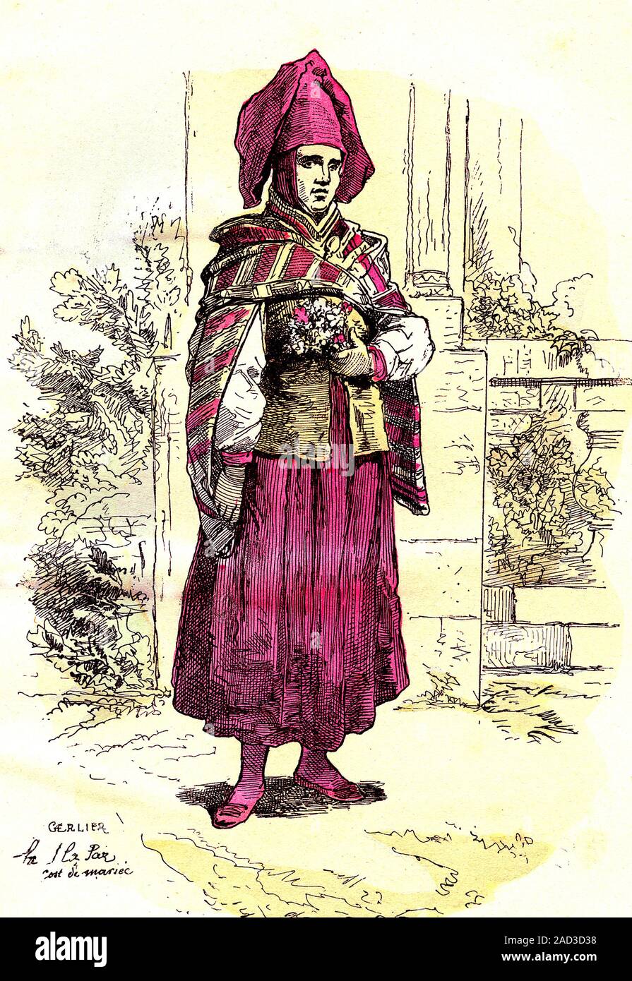 19th Century Bolivian bride. 1864 illustration of a bride wearing ...