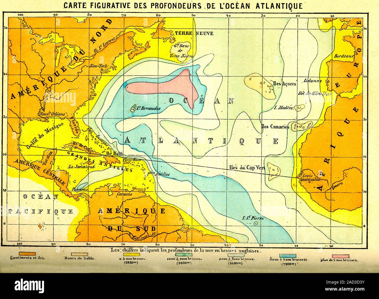 Atlantic Ocean. 1886 map showing the relative depths of the Atlantic ...