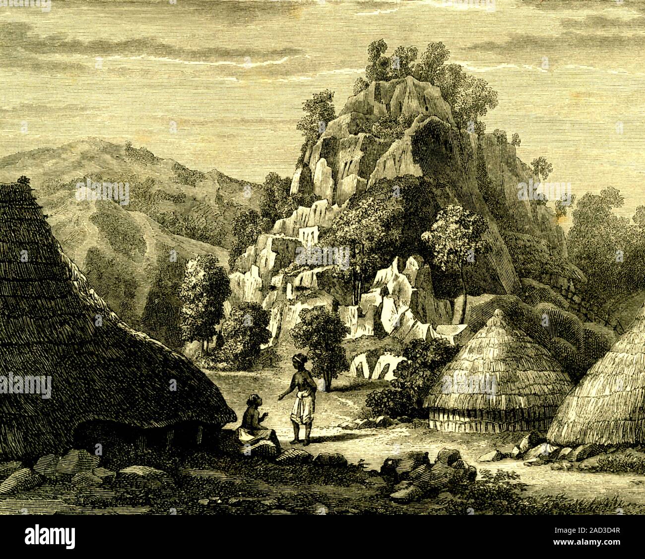 Pacific island. 1865 illustration of indigenous people and huts on an ...