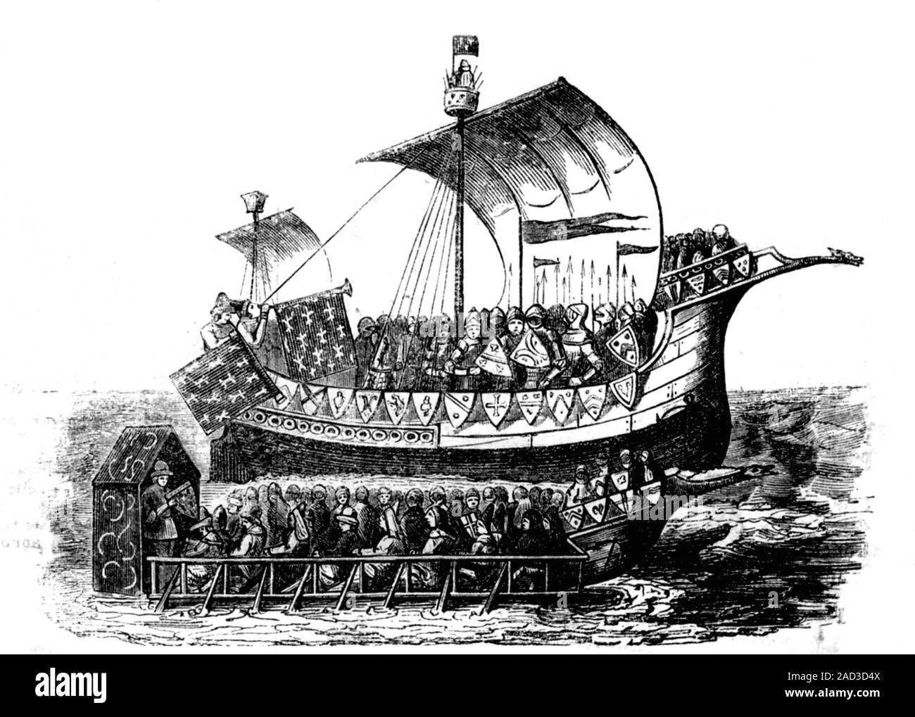 15th century ship. 1868 illustration of a typical military ship from ...