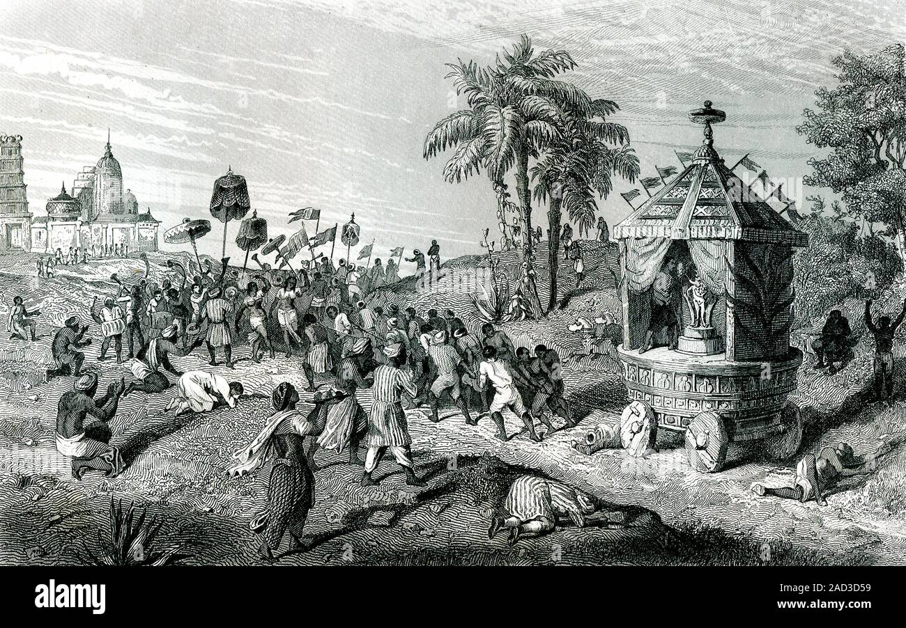 19th C Brahman ceremony. 1874 illustration of a sacred carriage being ...