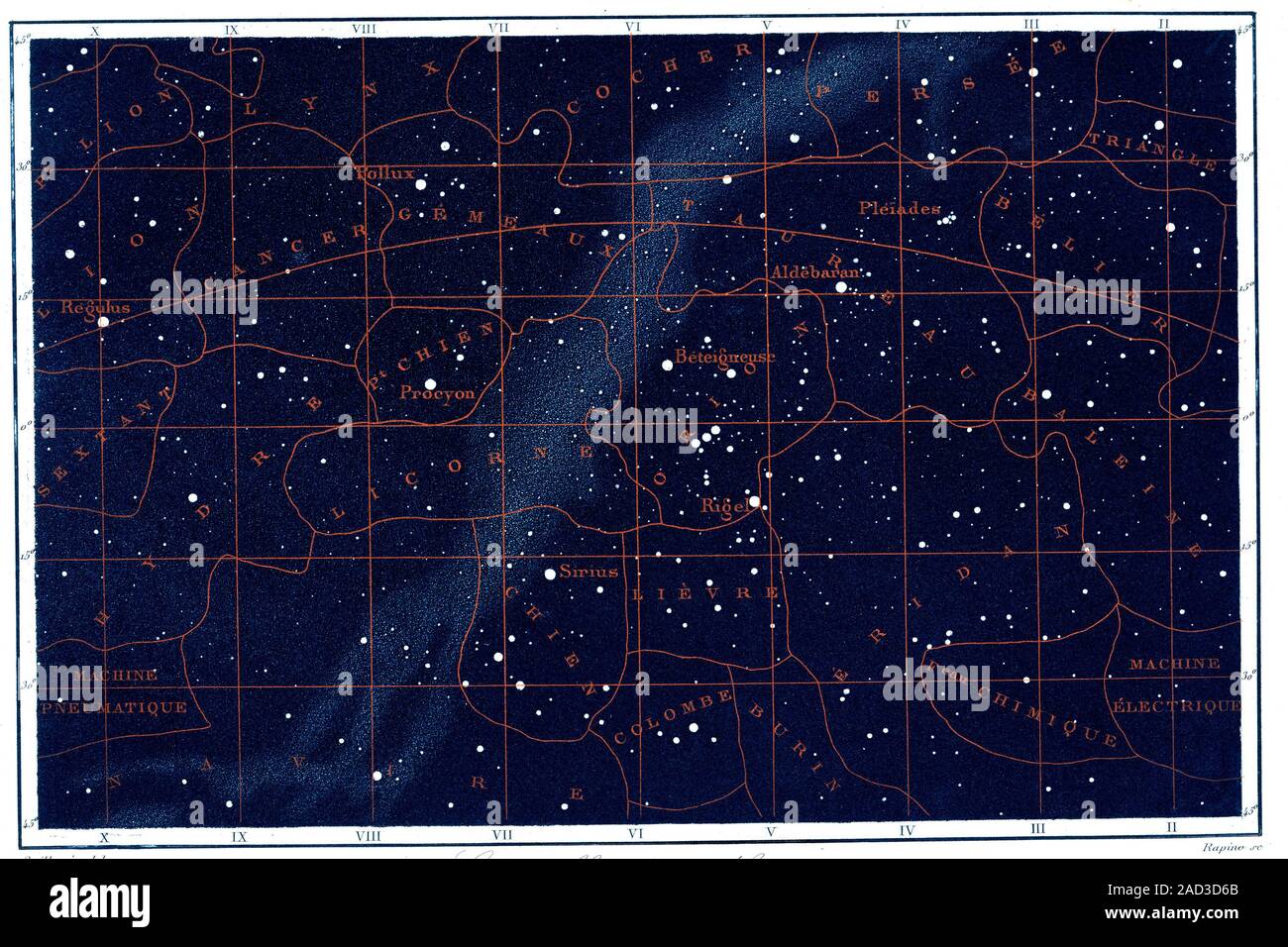 Equatorial constellations. 1886 illustration showing the constellations ...