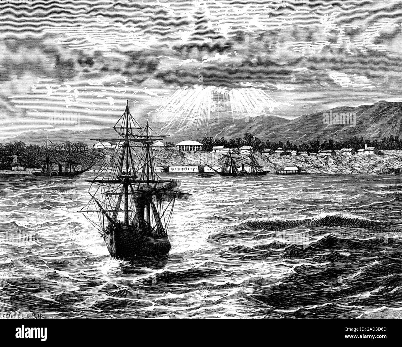 Fernando Po island. 1869 illustration of ships in Santa Isabel Bay, off ...