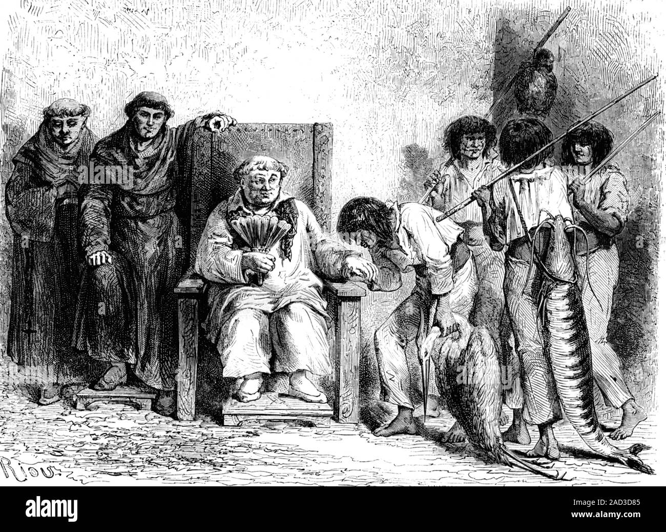 Mayans meeting monks. 1872 illustration of group of Maya people (right ...