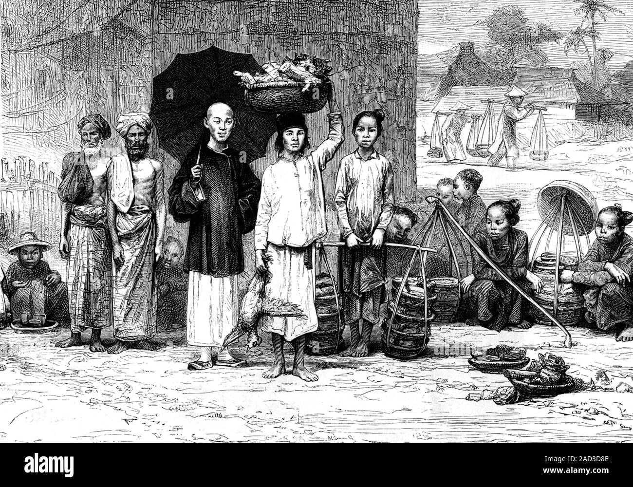 19th Century Vietnamese market. 1885 illustration of people in a market ...