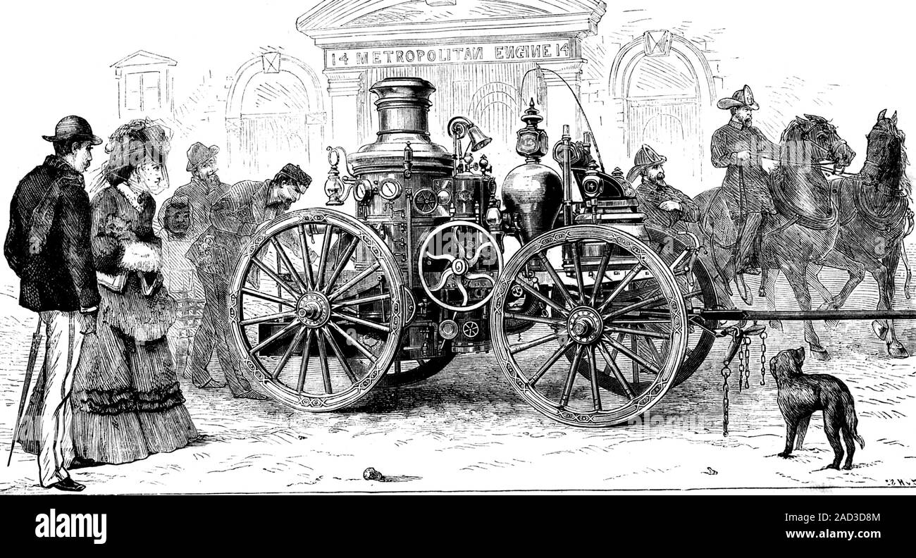 19th Century steam fire pump. 1885 illustration of a US steam-powered ...