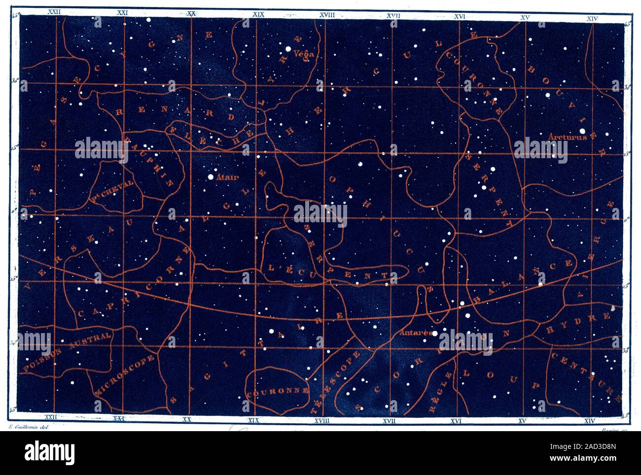 Summer solstice constellations. 1886 illustration showing the ...