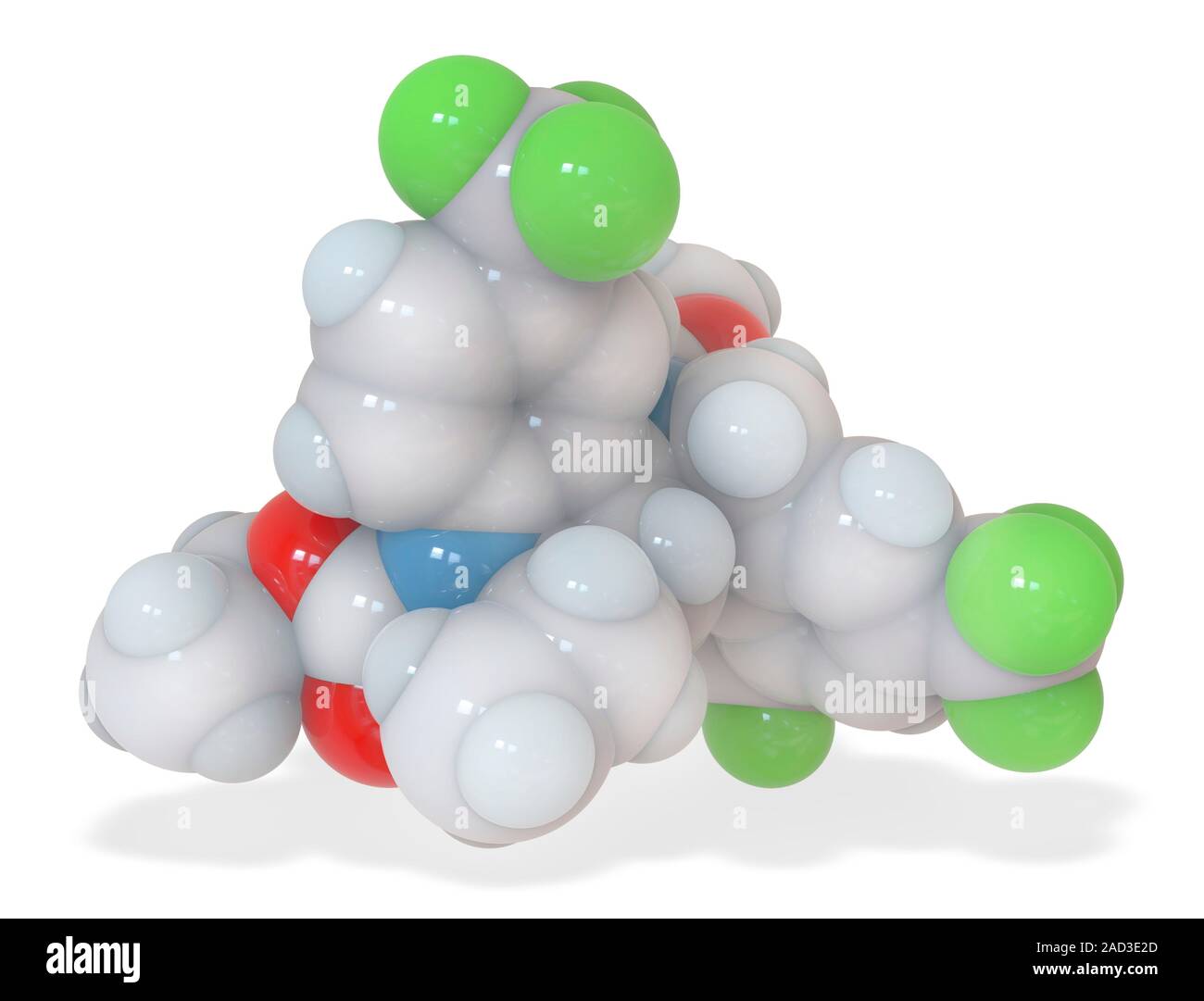 Torcetrapib cholesterol-lowering drug molecule. Computer illustration ...