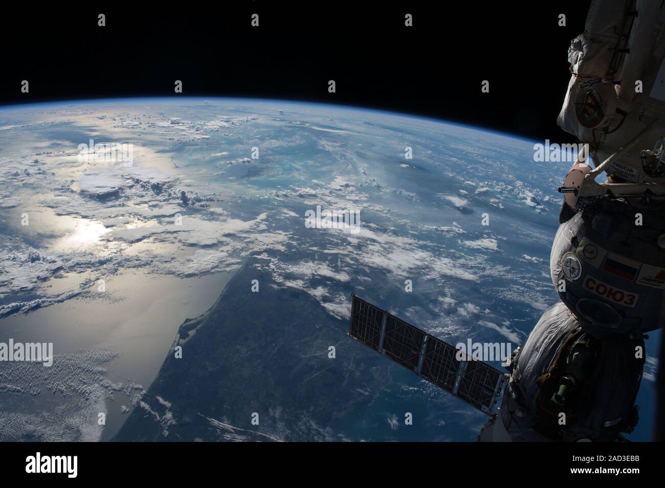 Florida coastline, ISS image. Image shows the Soyuz spacecraft docked ...