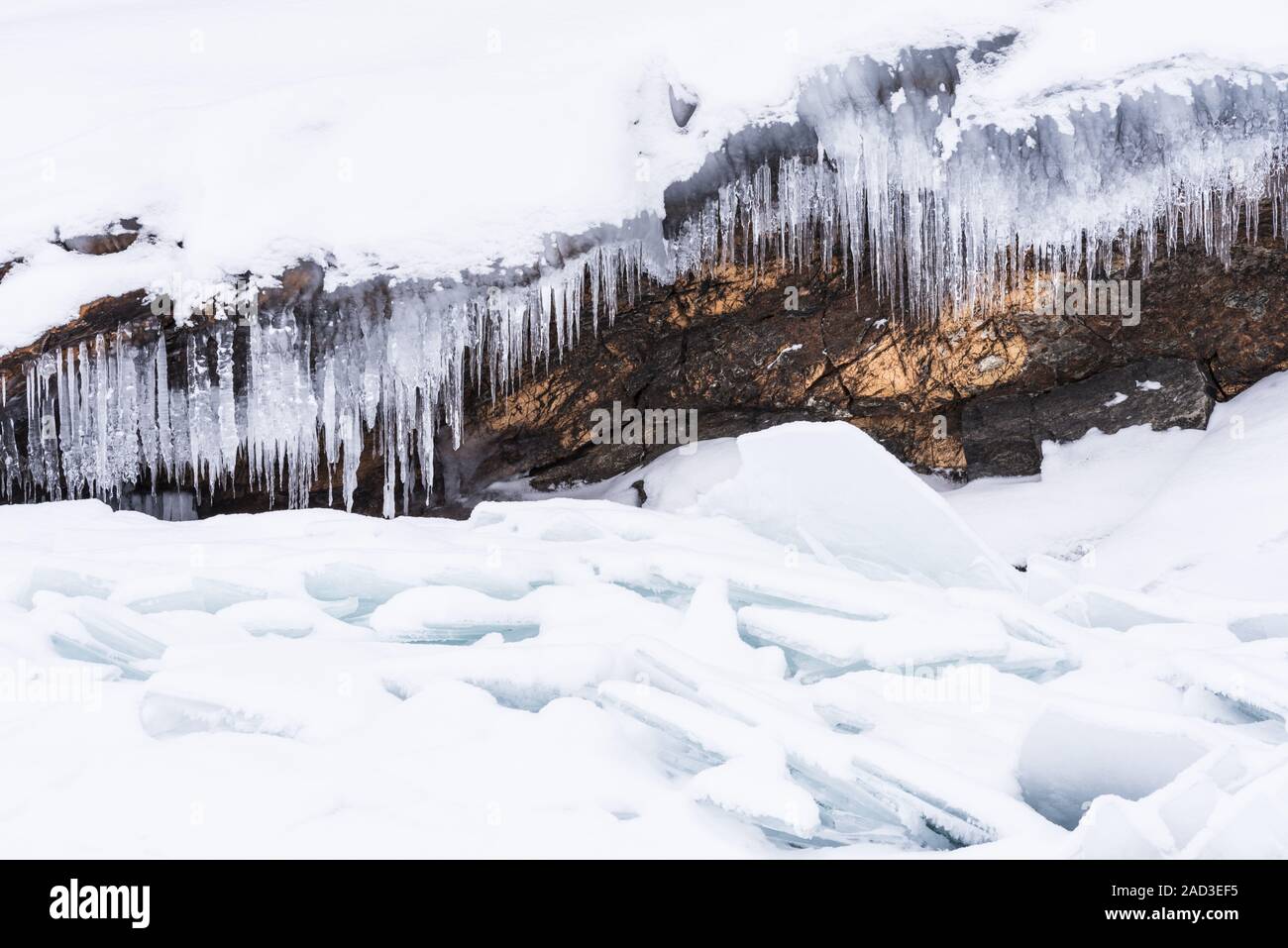 Icicles on a rock, Lake Tornetraesk, Lapland, Sweden Stock Photo - Alamy