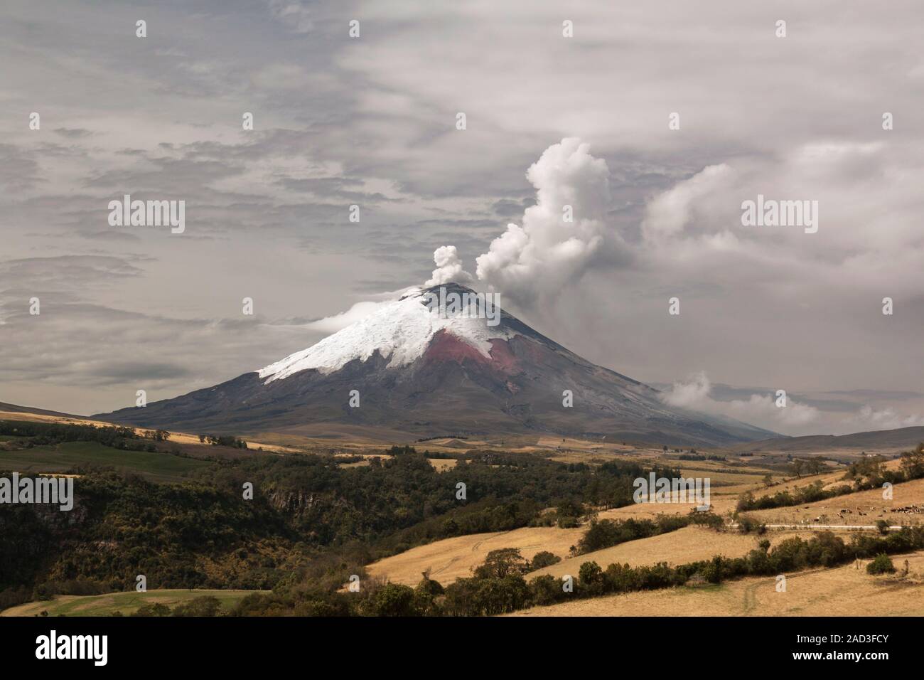 Ash plume rising from Cotopaxi volcano, Ecuador. Cotopaxi is a ...