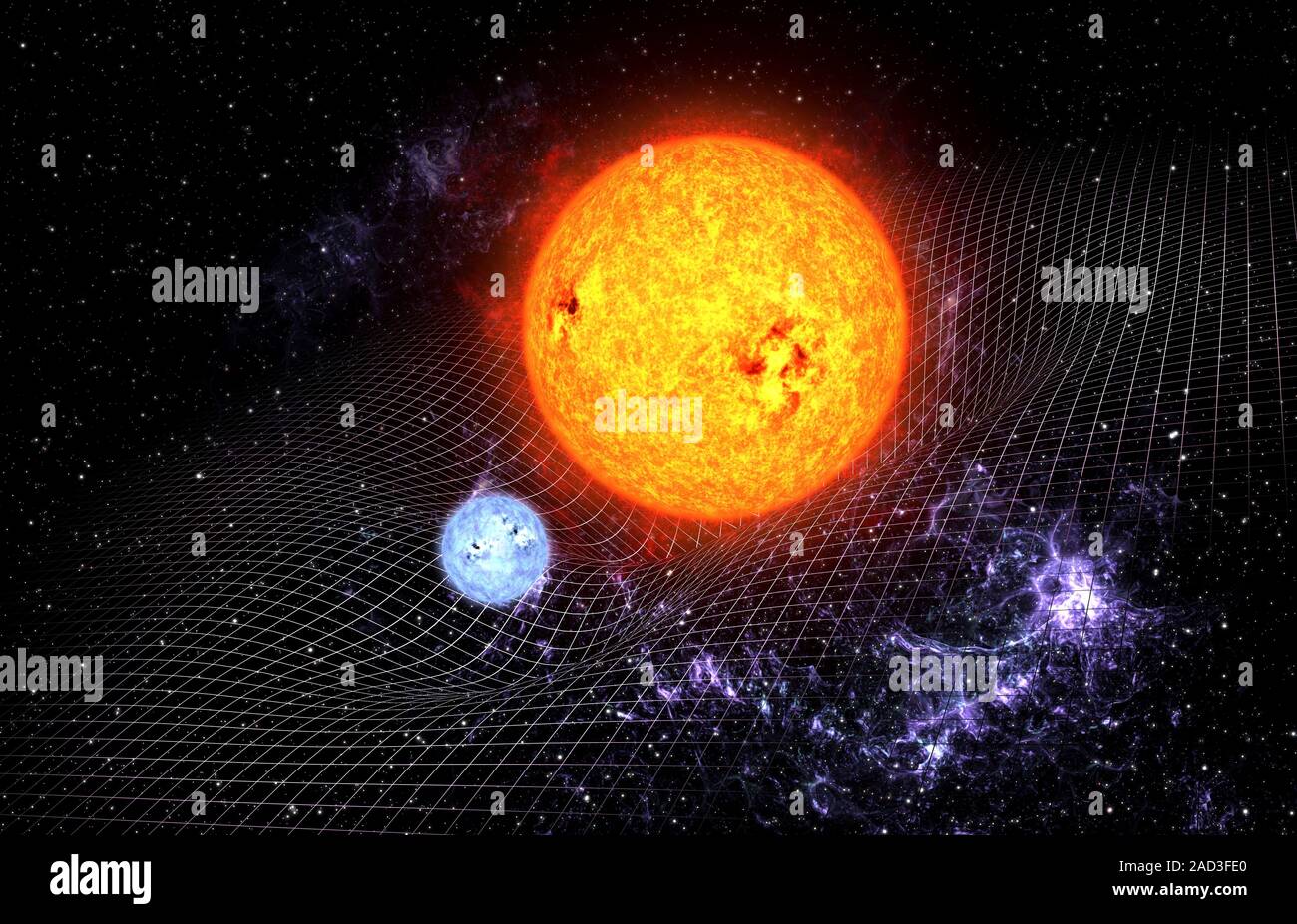 Artwork illustrating the concept of warped spacetime. The fabric of ...