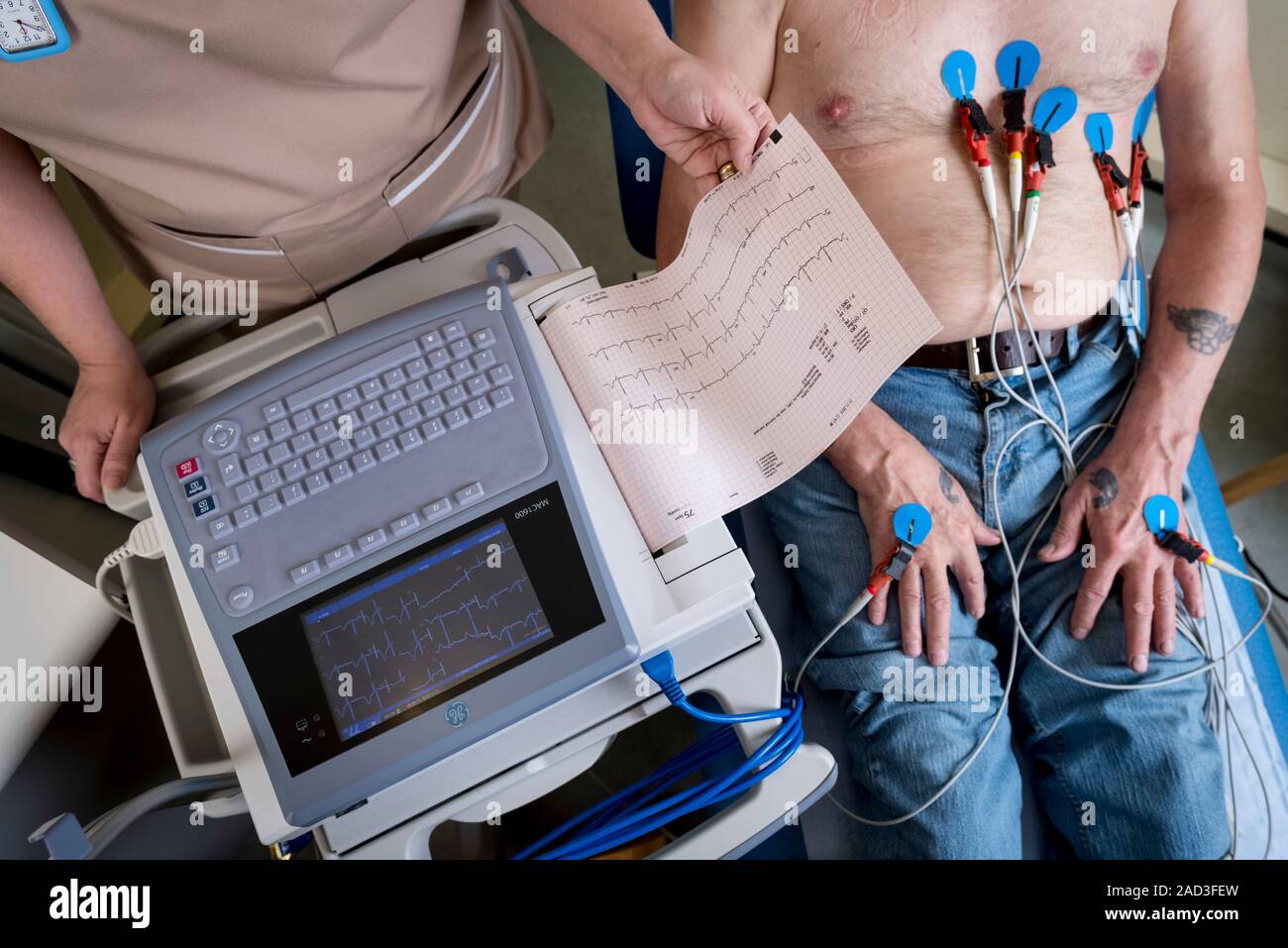 Electrocardiography test. Nurse carrying out an electrocardiography ...