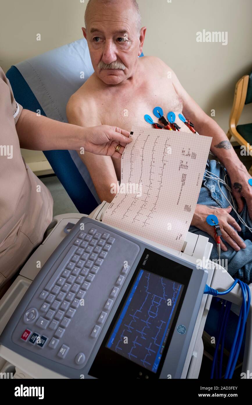 Electrocardiography test. Nurse carrying out an electrocardiography ...