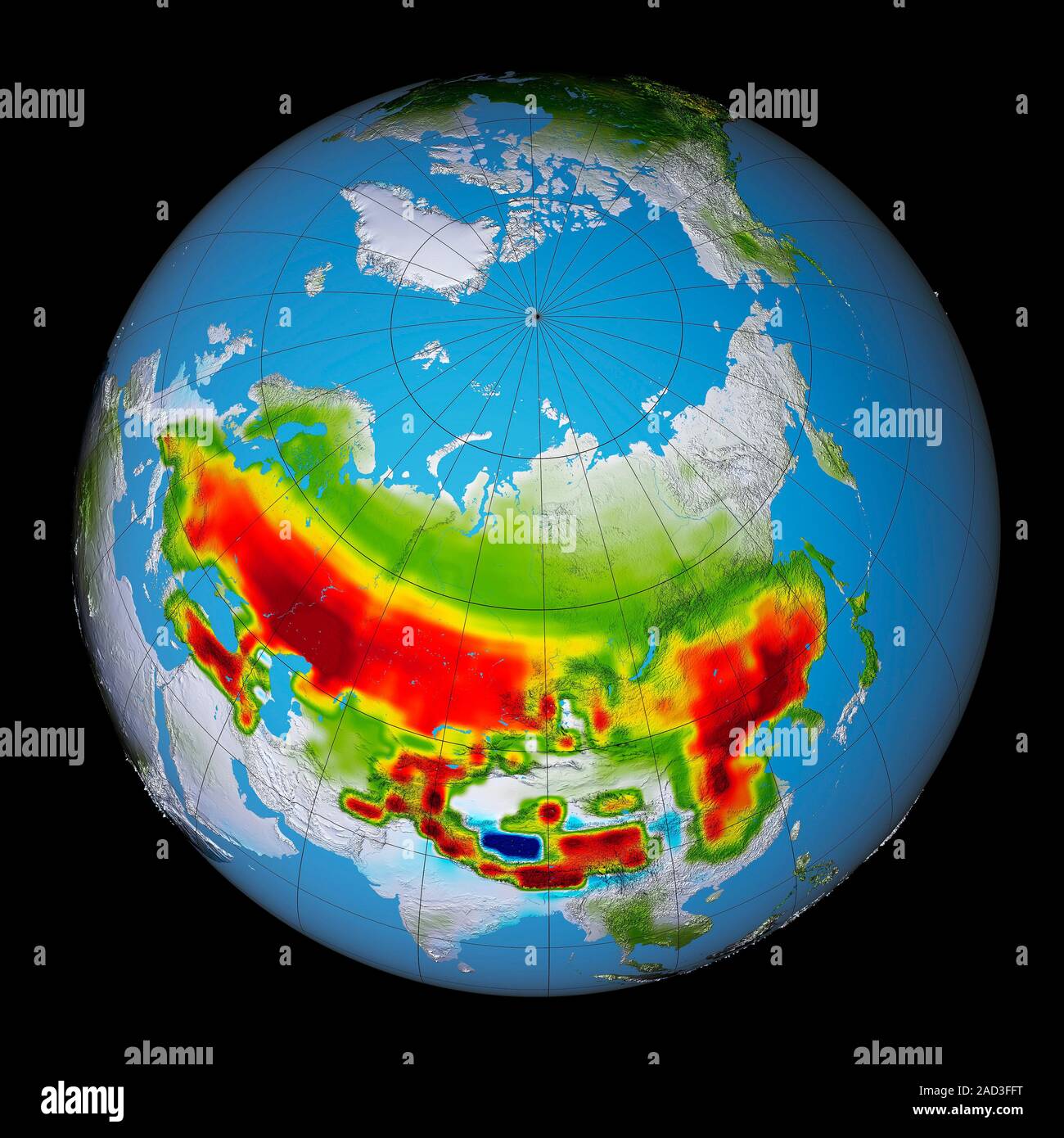 Snow darkening, increased solar radiation. Northern hemisphere globe ...