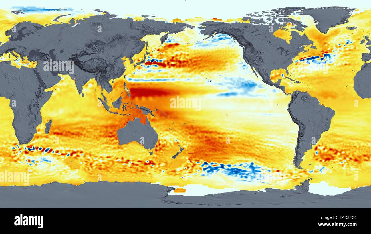 Global sea level rise. Global map, centred on the Pacific, showing the ...