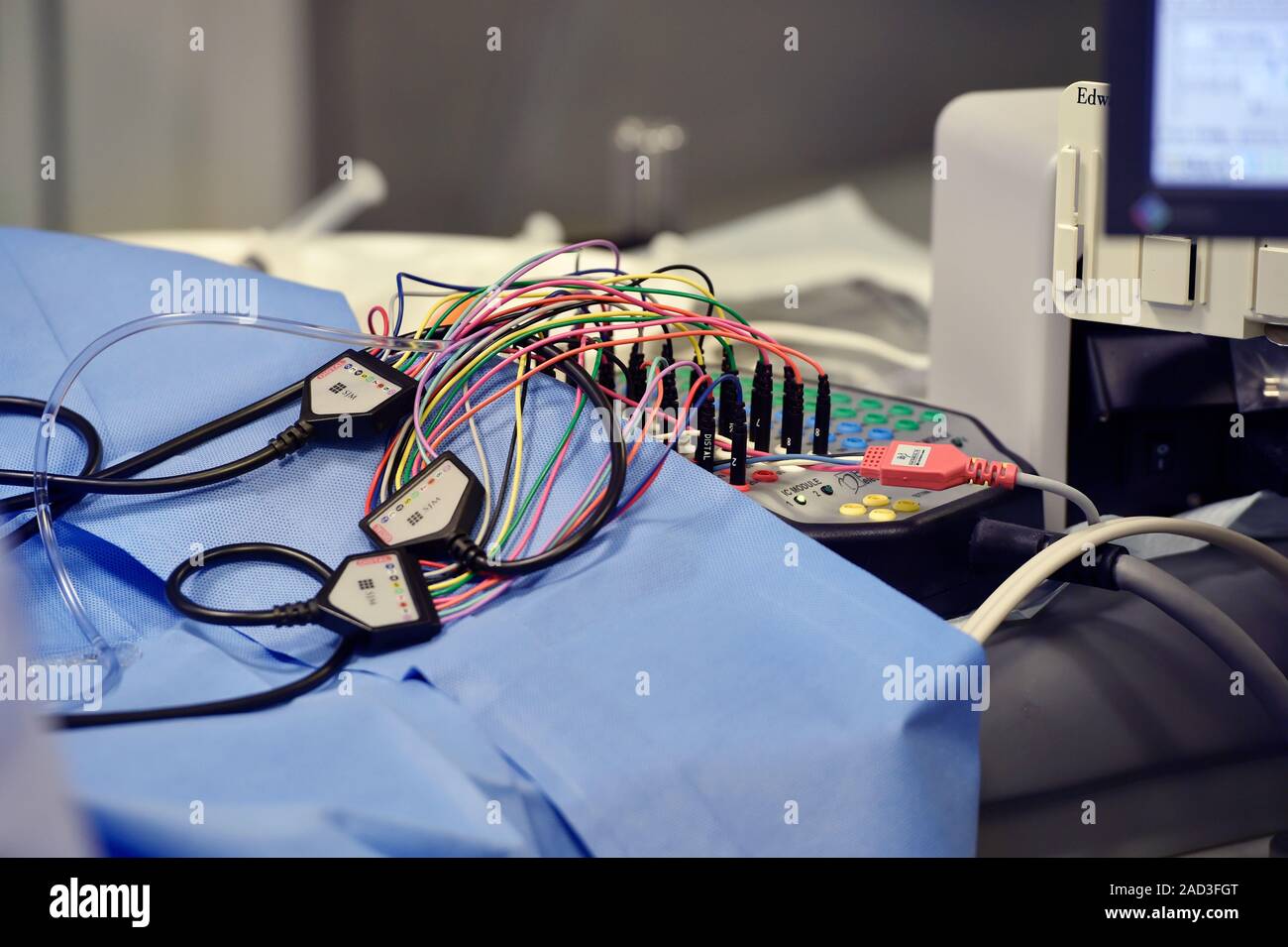 Heart surgery electrophysiology wires. Control box and wires being used ...