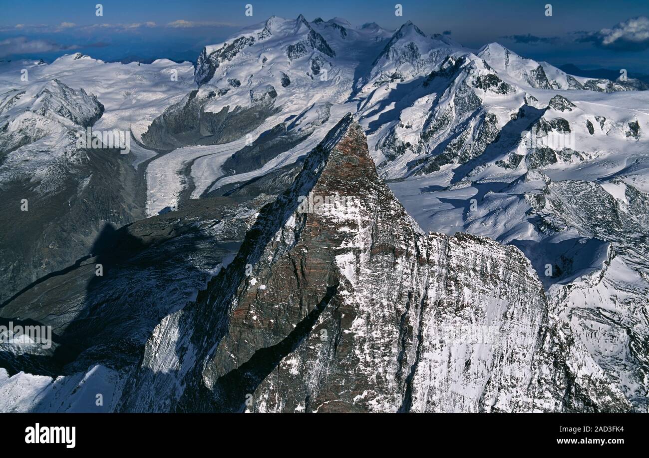 Matterhorn. Aerial view of the summit of the Matterhorn (centre) in the ...