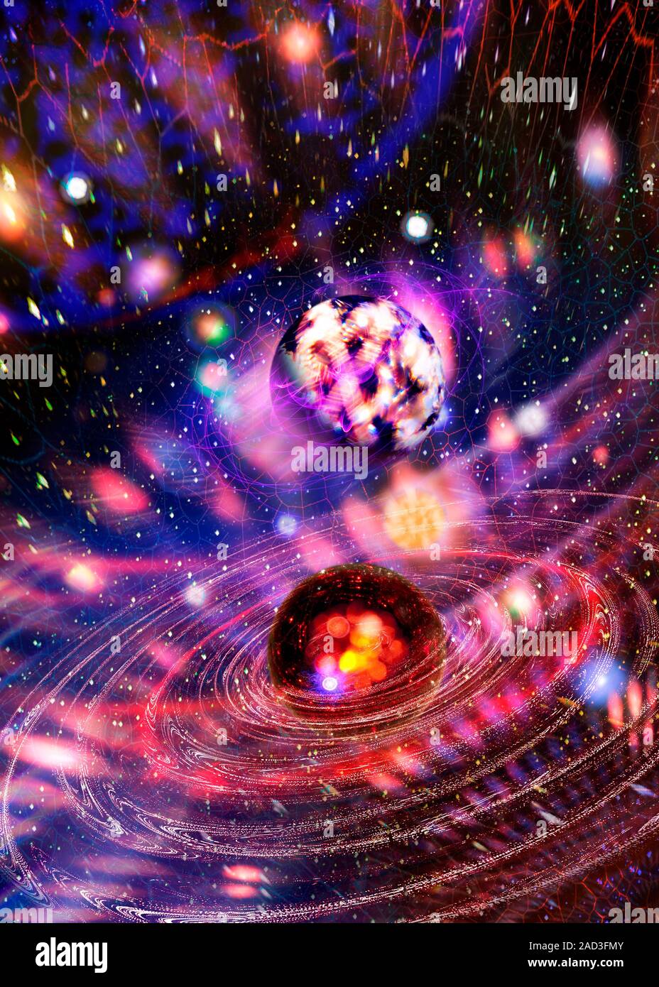 Universe of particles and forces, conceptual image. Computer ...