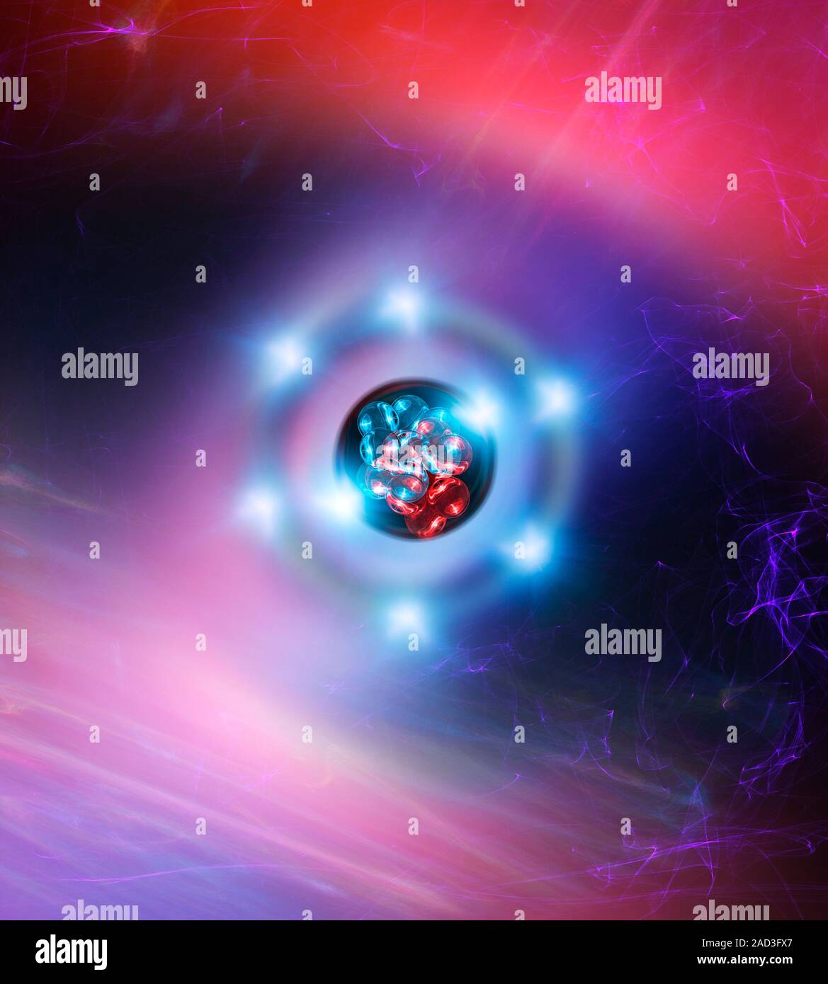 Oxygen atom, conceptual image. Computer illustration showing the orbits ...