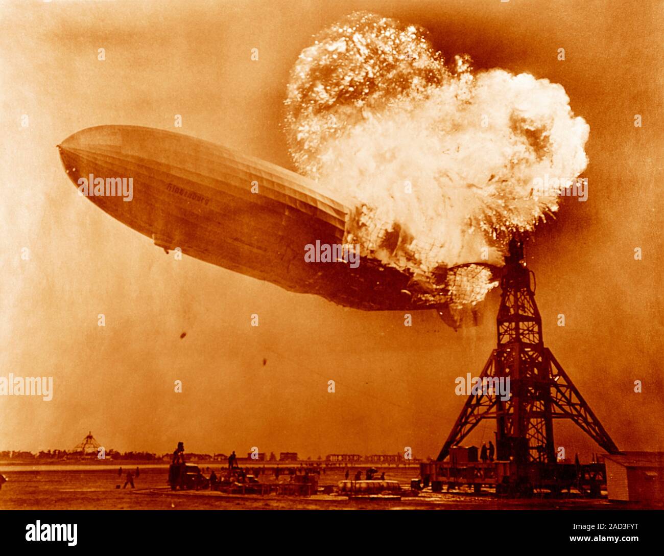 Hindenburg disaster, coloured image. View of the German airship ...