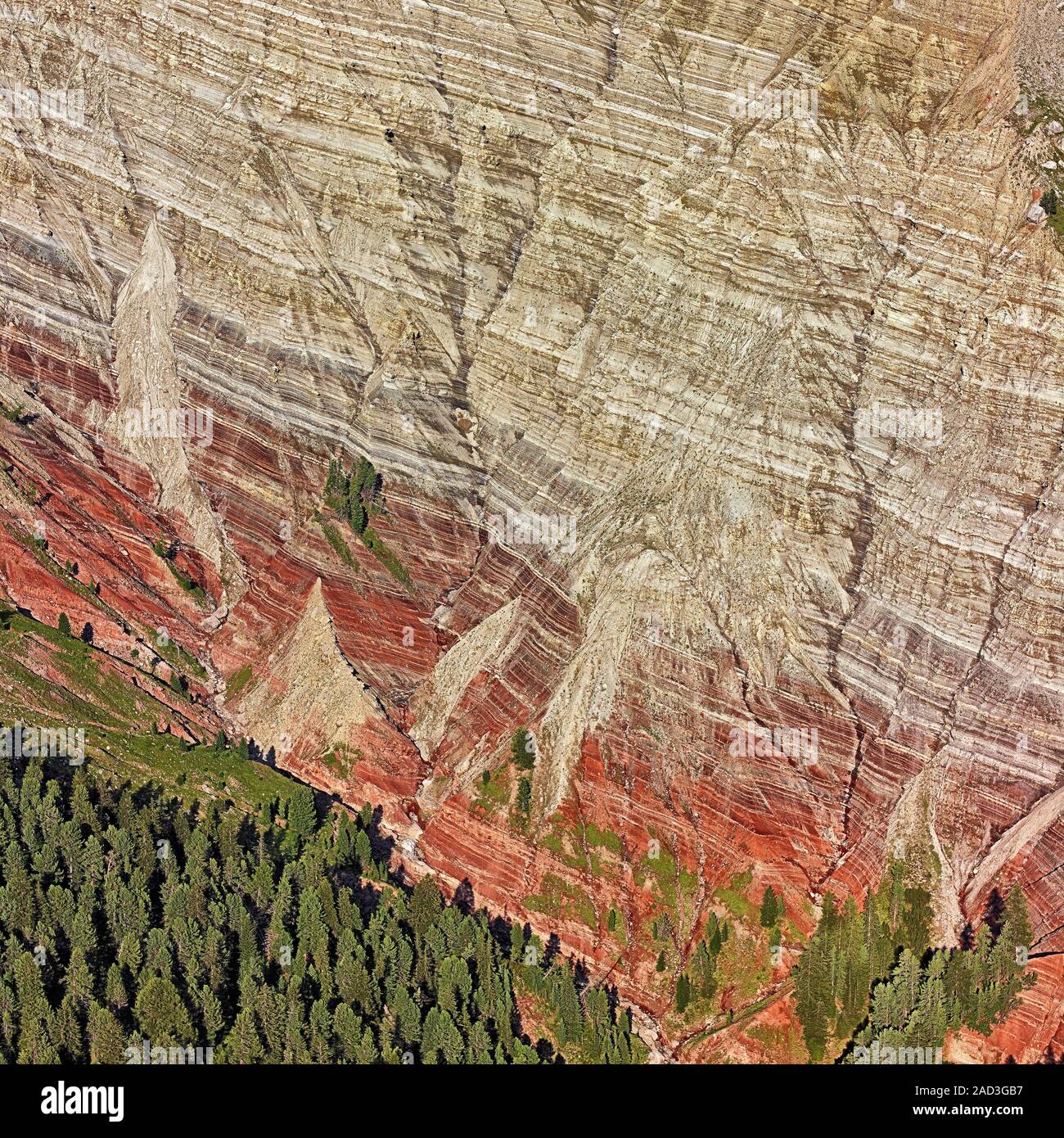 Aerial photograph of Seceda, Dolomites, Italy. The west wall of Seceda ...