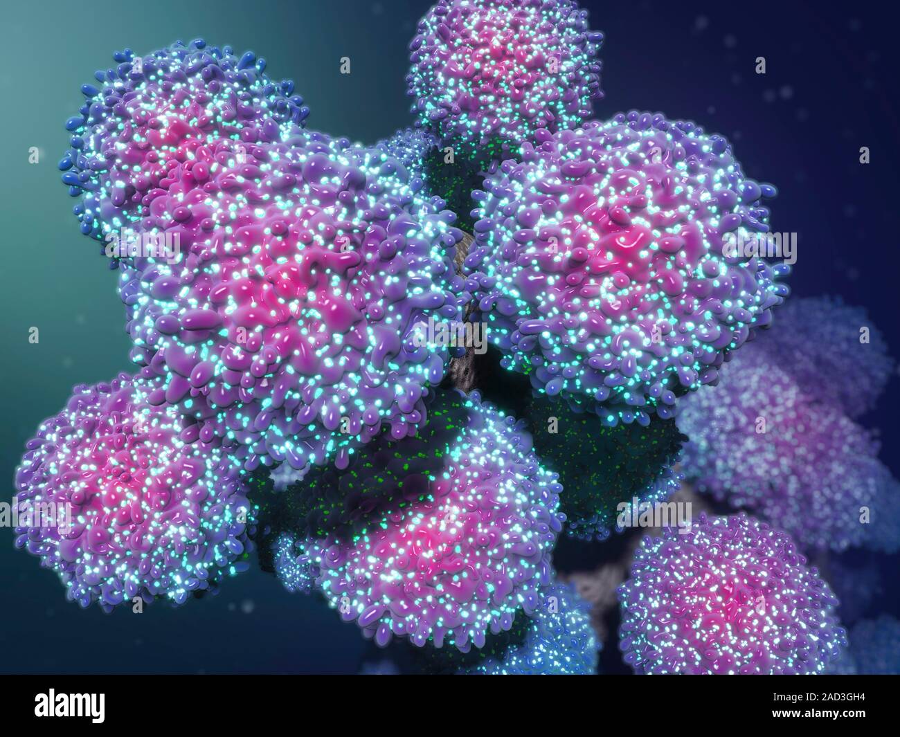 Computer illustration of HIV particles (blue) infecting T-lymphocyte ...