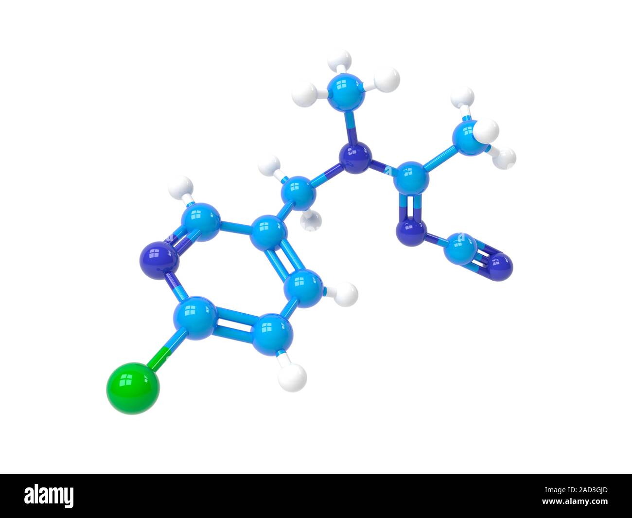 Acetamiprid (a neonicotinoid) molecule. Computer artwork showing the ...