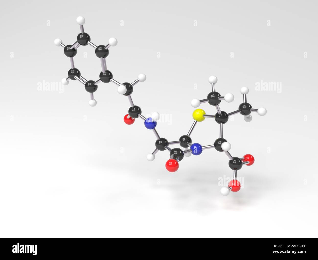 Penicillin G (benzylpenicillin) molecule. Computer artwork showing the ...