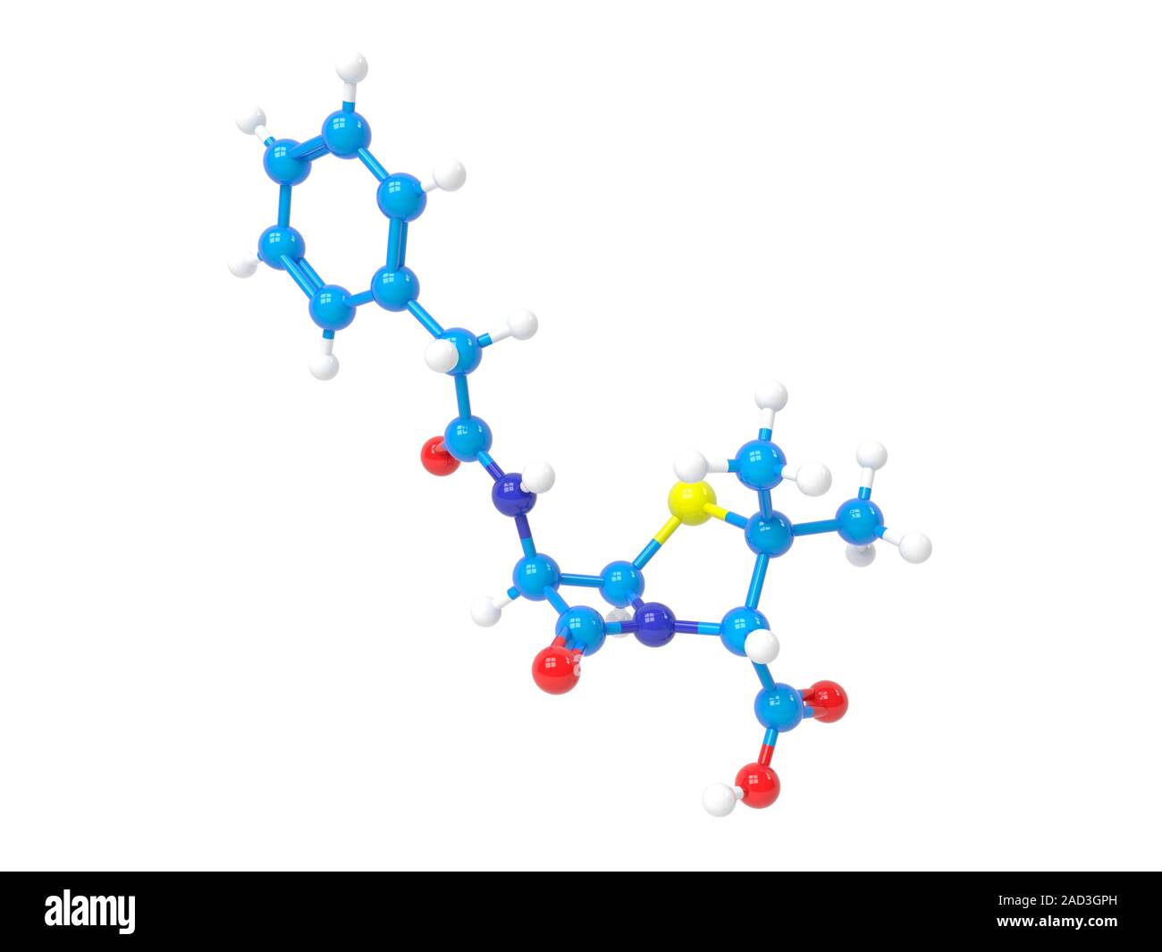 Penicillin G (benzylpenicillin) molecule. Computer artwork showing the ...