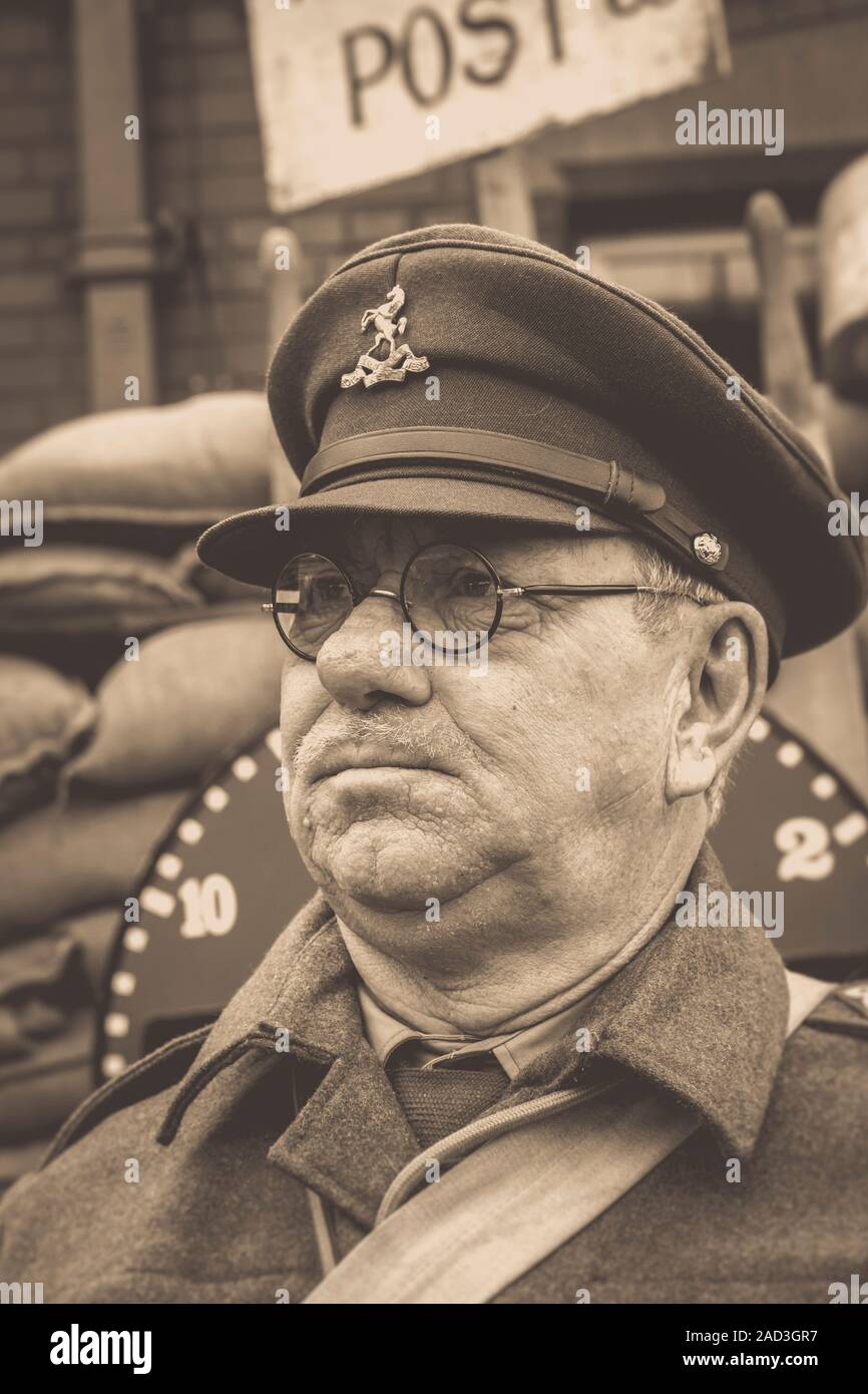 Sepia portrait of male re-enactor (Arthur Lowe lookalike) dressed as ...