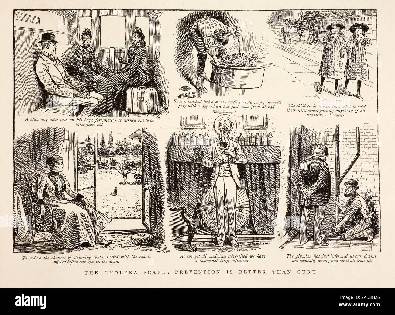 Cholera prevention methods. 19th-century illustrations of methods to ...