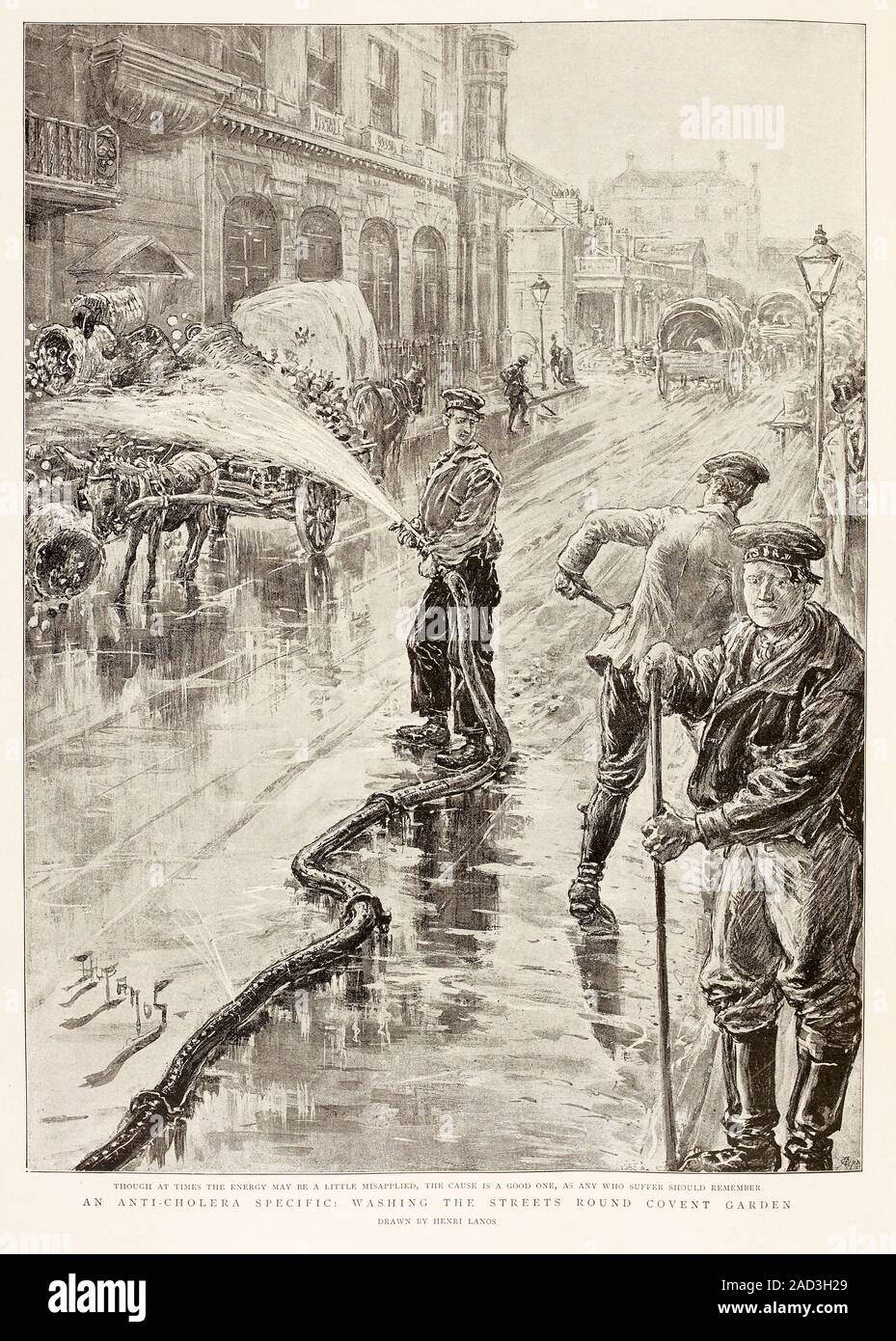 Cholera control. 19th-century illustration of workers using a hosepipe ...