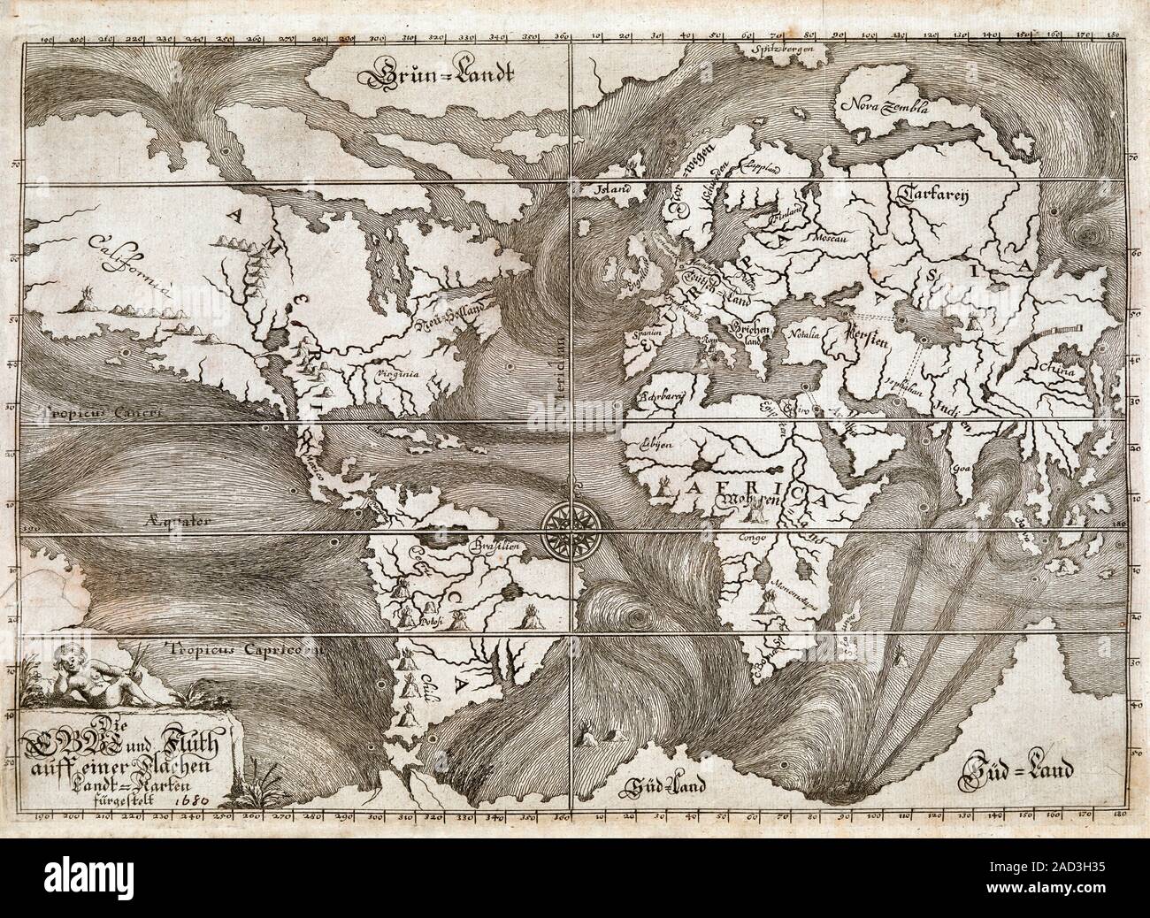 Ocean currents global map. 17th-century map showing ocean currents ...