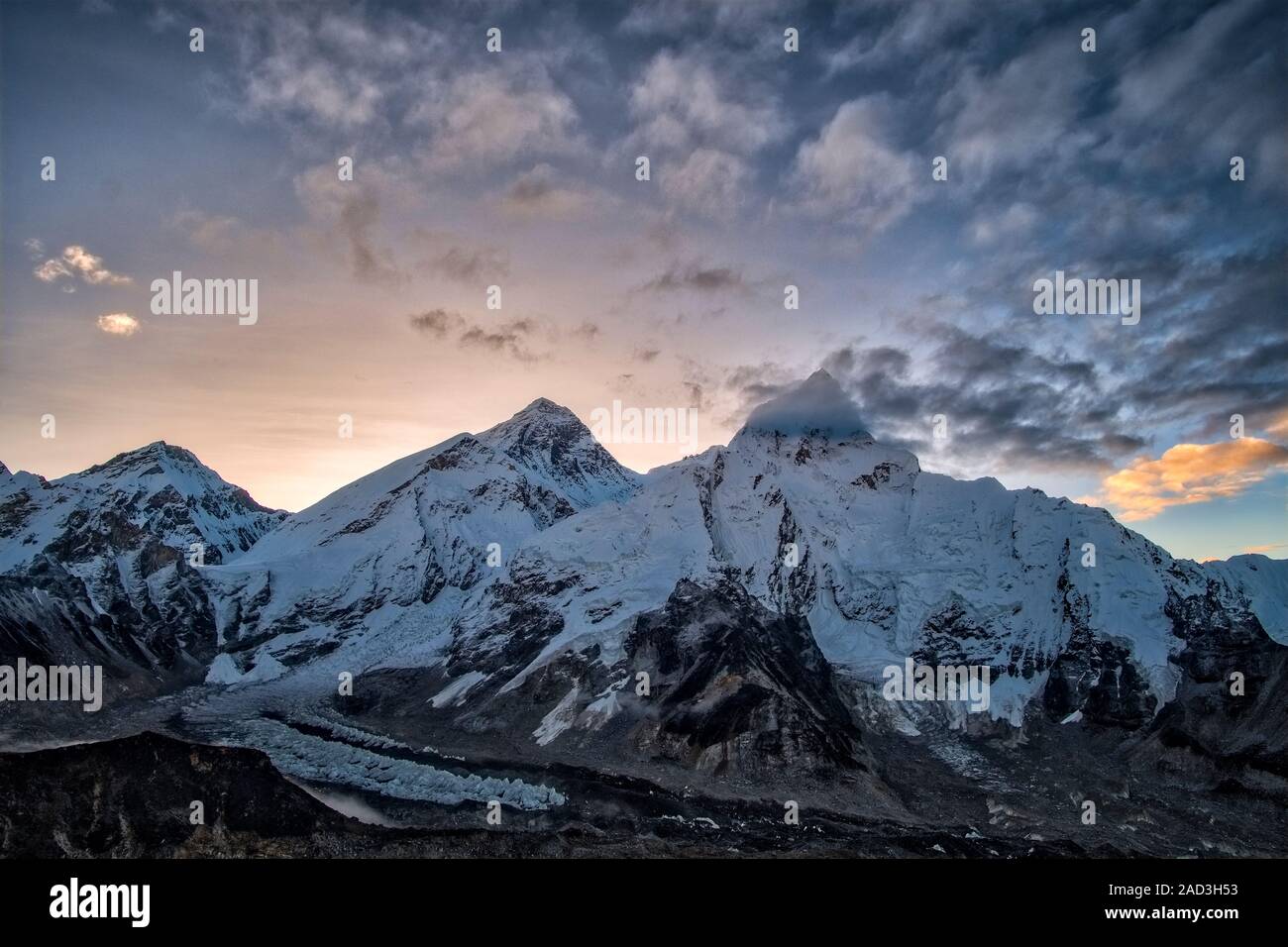 The summits of Mt. Everest and Mt. Nuptse above Khumbu glacier at ...