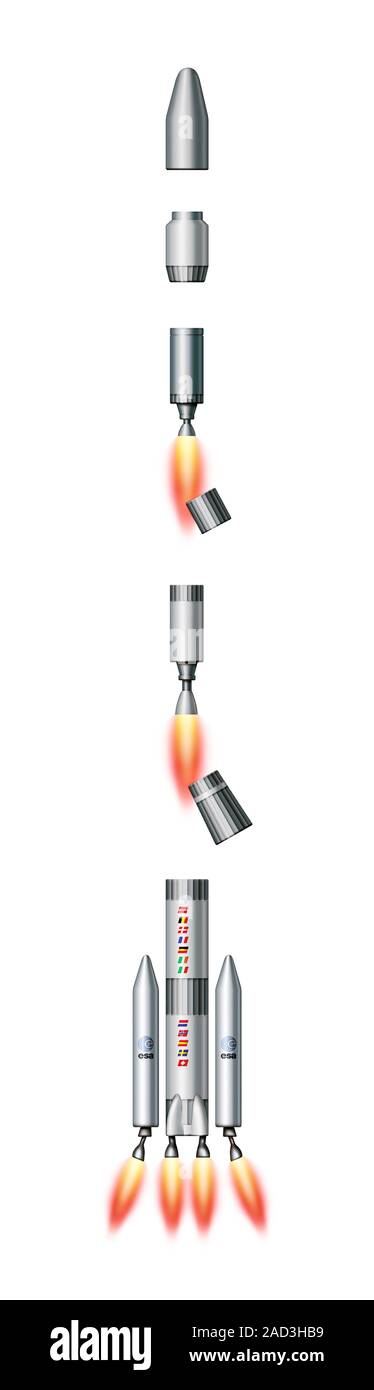 Ariane 3 rocket. Computer illustration showing the various stages of an ...
