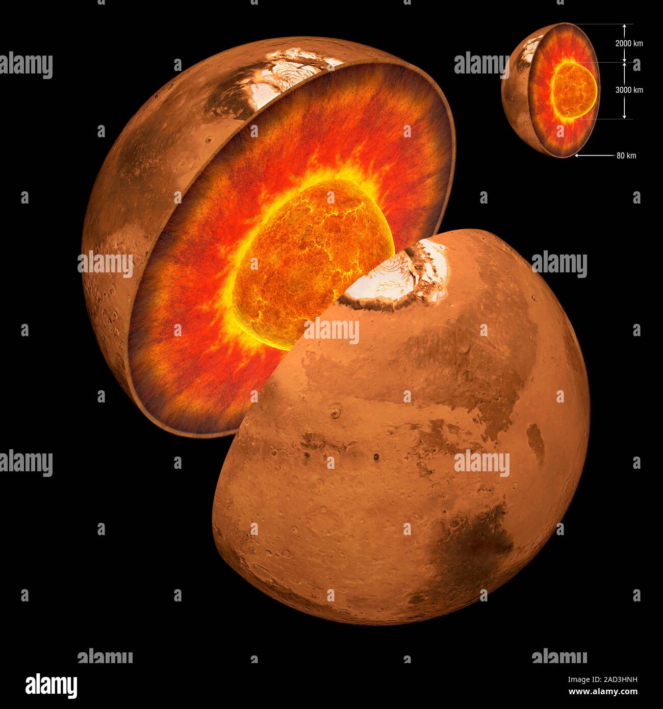 Internal structure of Mars, cutaway computer illustration. Mars is a ...