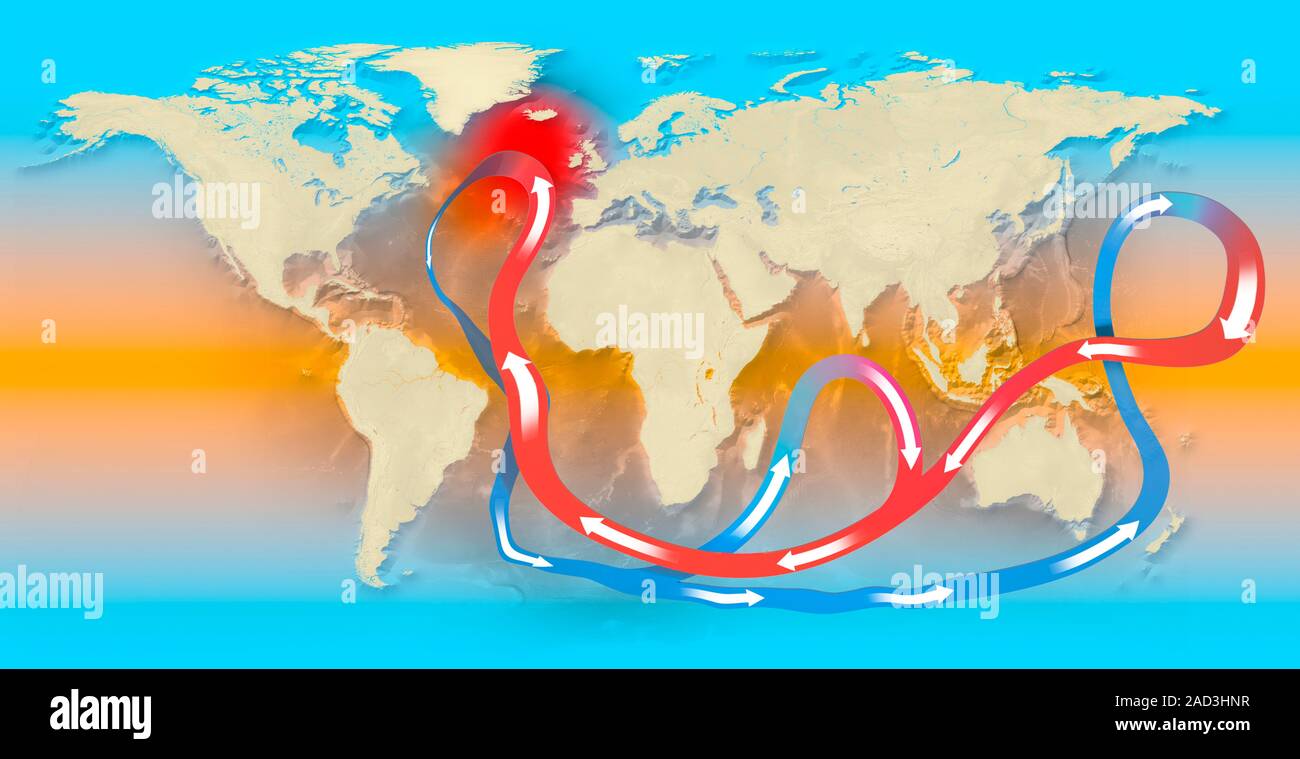 Ocean currents. Computer illustration showing the major ocean currents ...