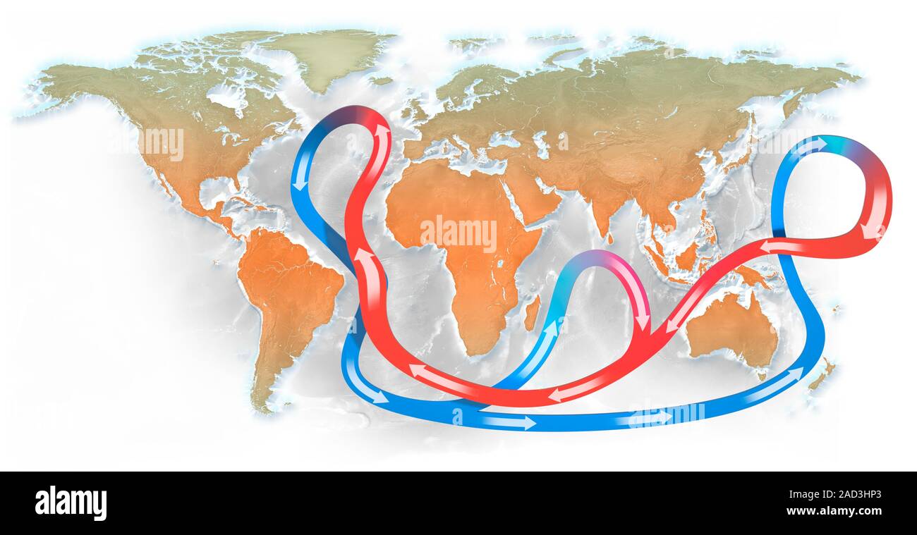 Ocean currents. Computer illustration showing the major ocean currents ...