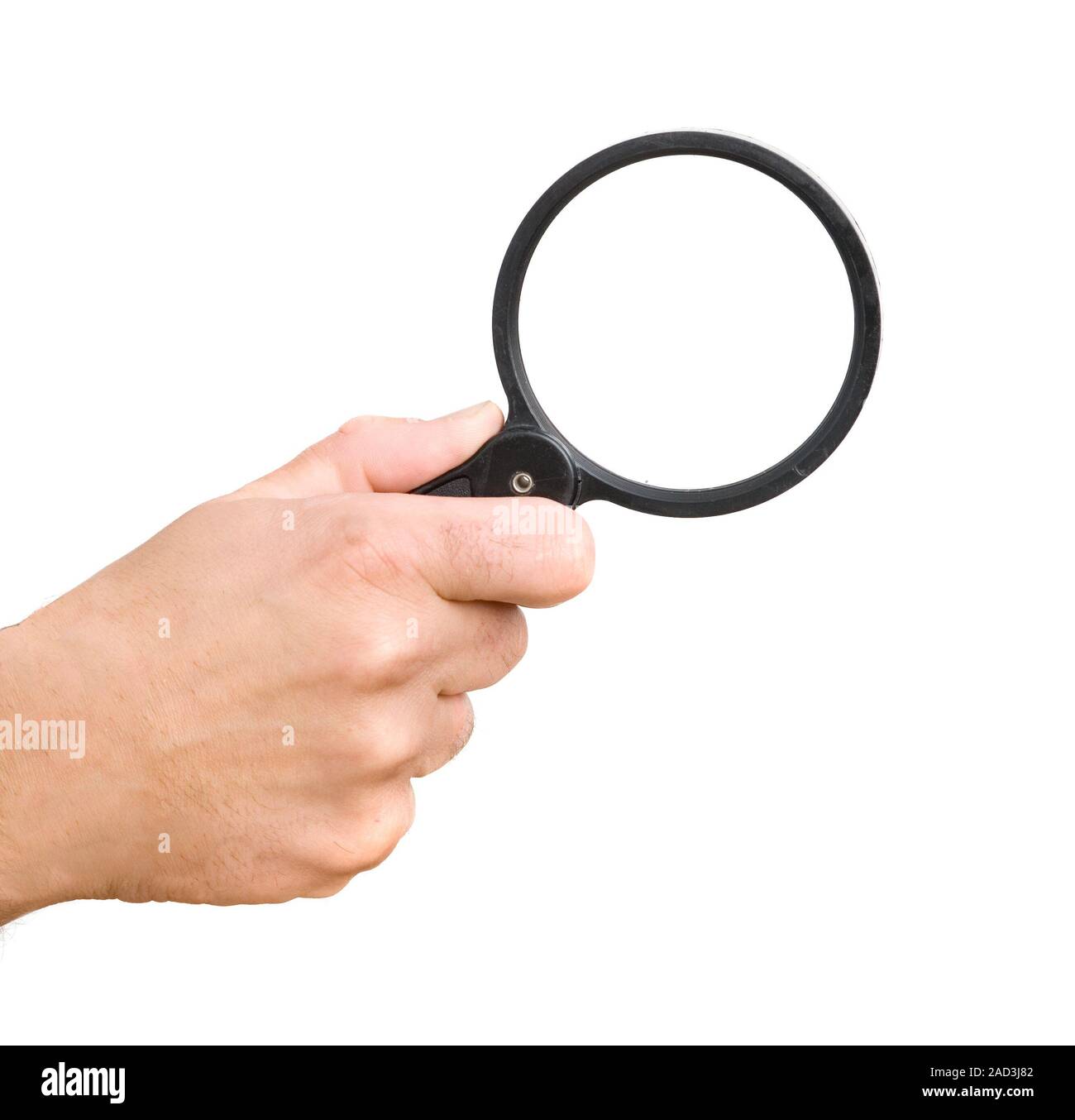 hand with magnifying glass isolated on white background Stock Photo - Alamy