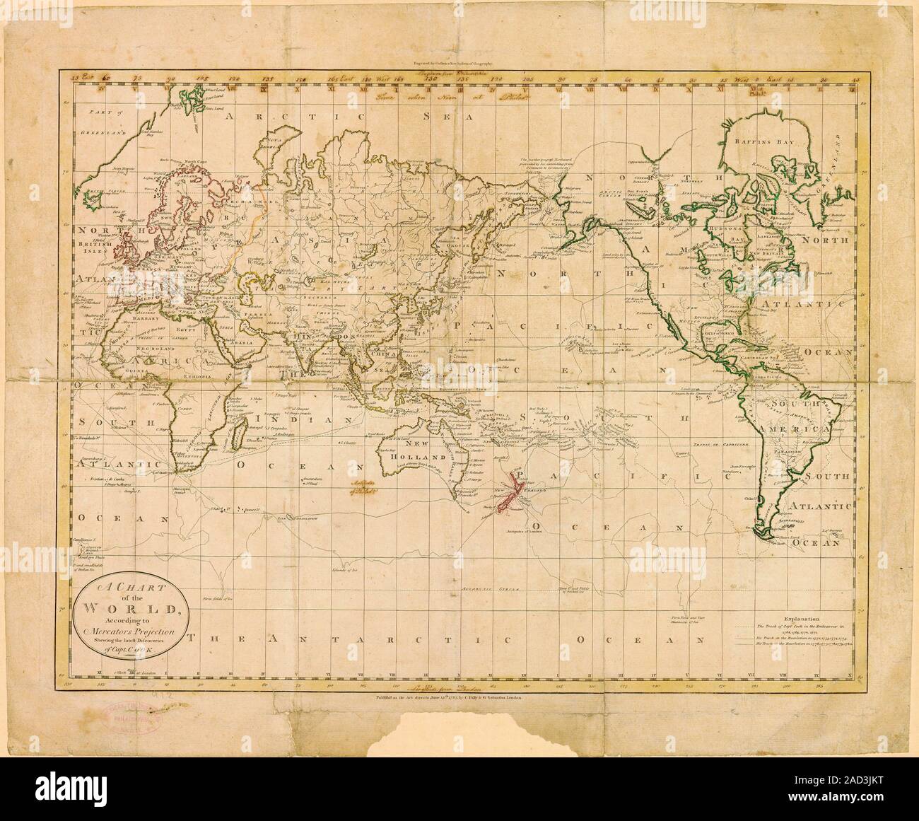 World map published in 1785. This map includes the routes of Captain ...