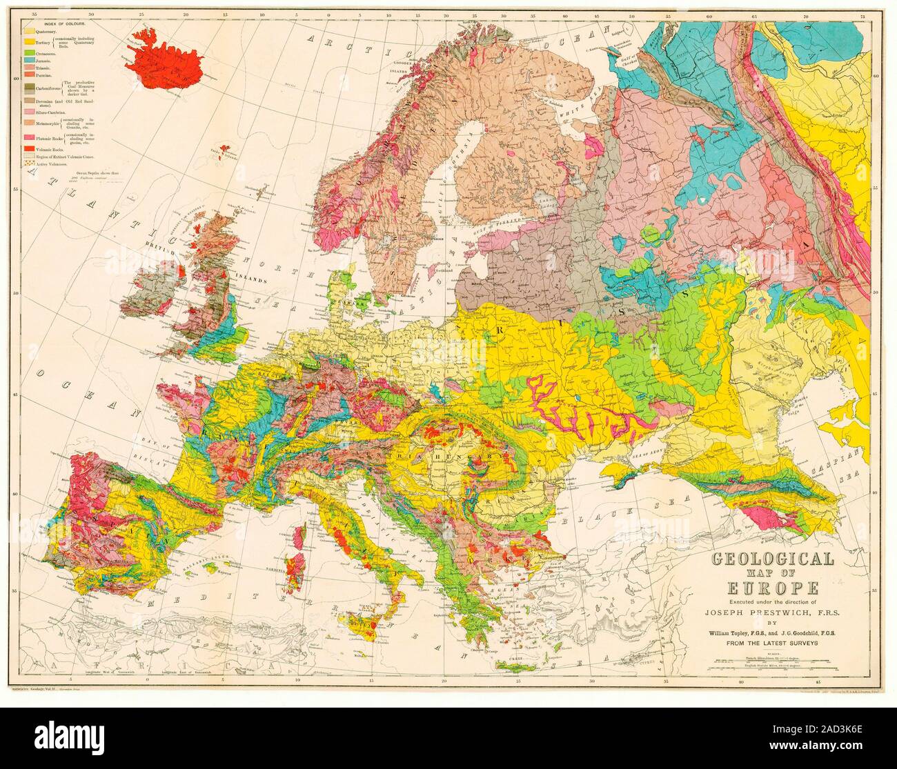 Geological map of Europe, 1860. The key for this colour-coded map is at ...