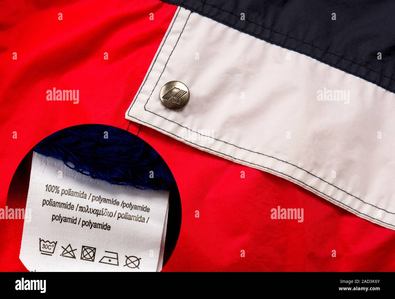 Synthetic textile jacket. Close-up of a shower-proof jacket made from ...