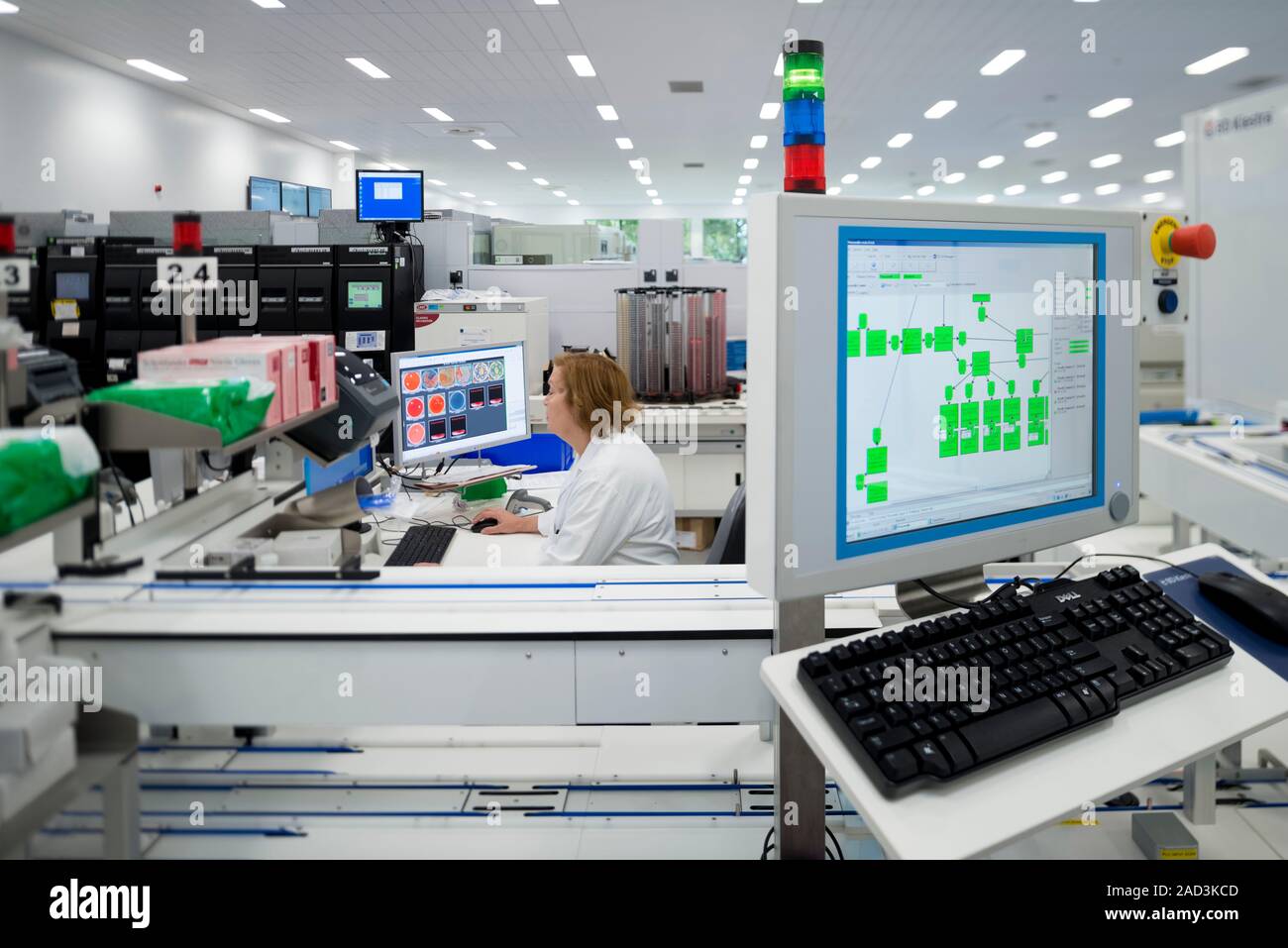 Hospital pathology lab. Microbiologist using a KIESTRA automated ...