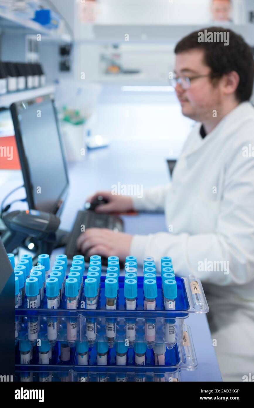 Haematology laboratory. Haematologist with samples in the haematology ...