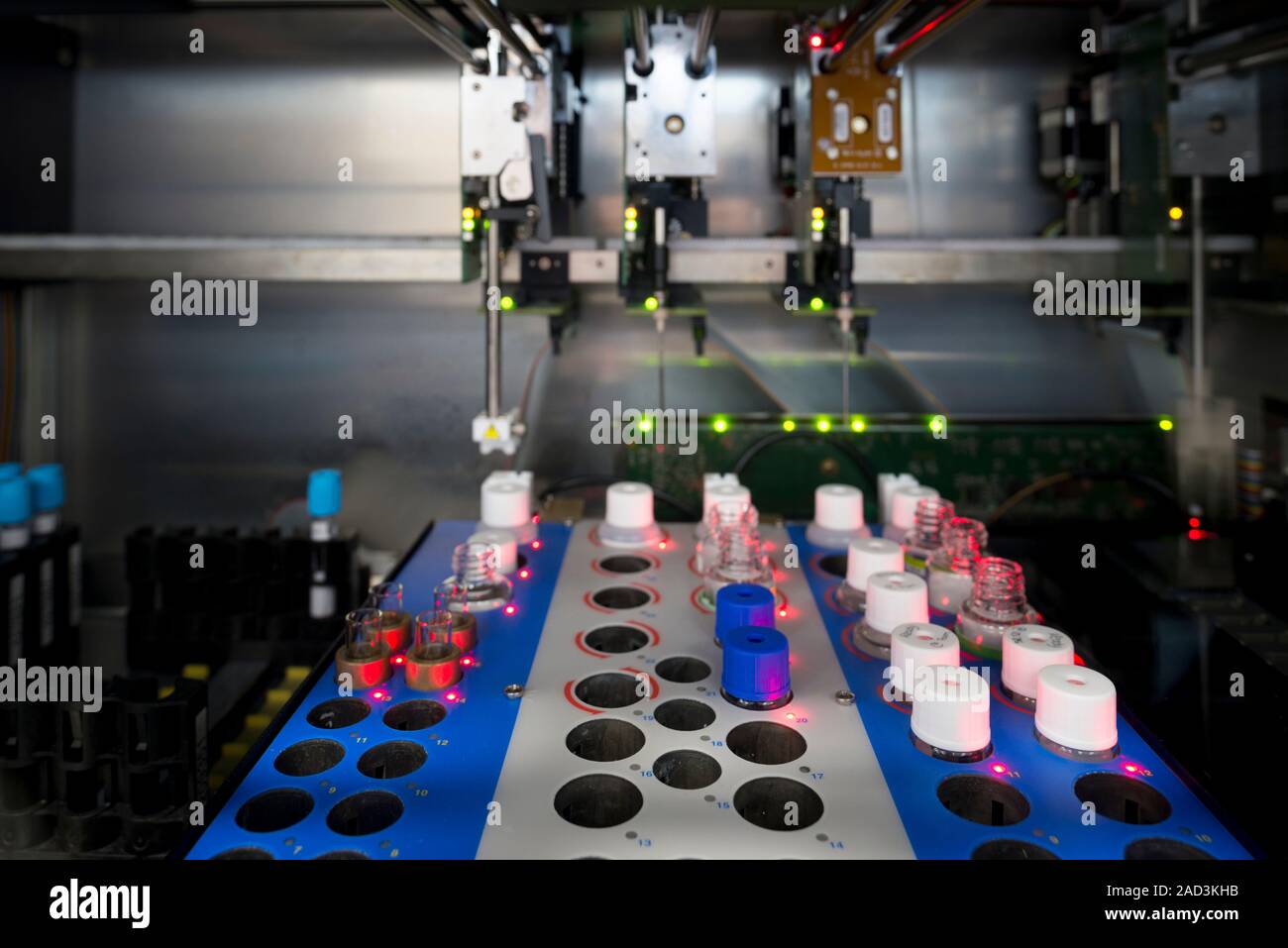 Blood coagulation testing. Blood samples undergoing coagulation testing ...
