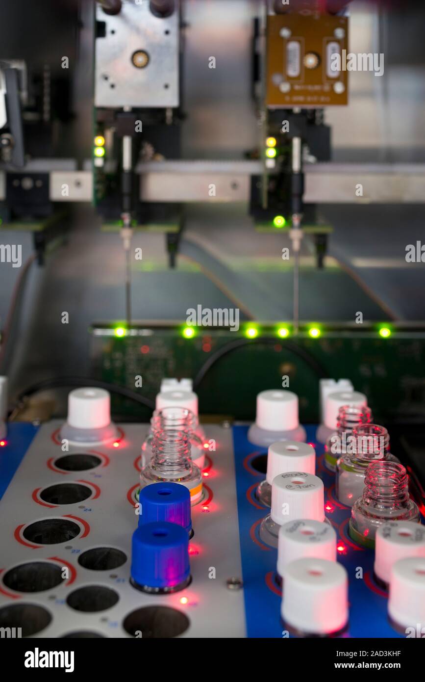 Blood coagulation testing. Blood samples undergoing coagulation testing ...