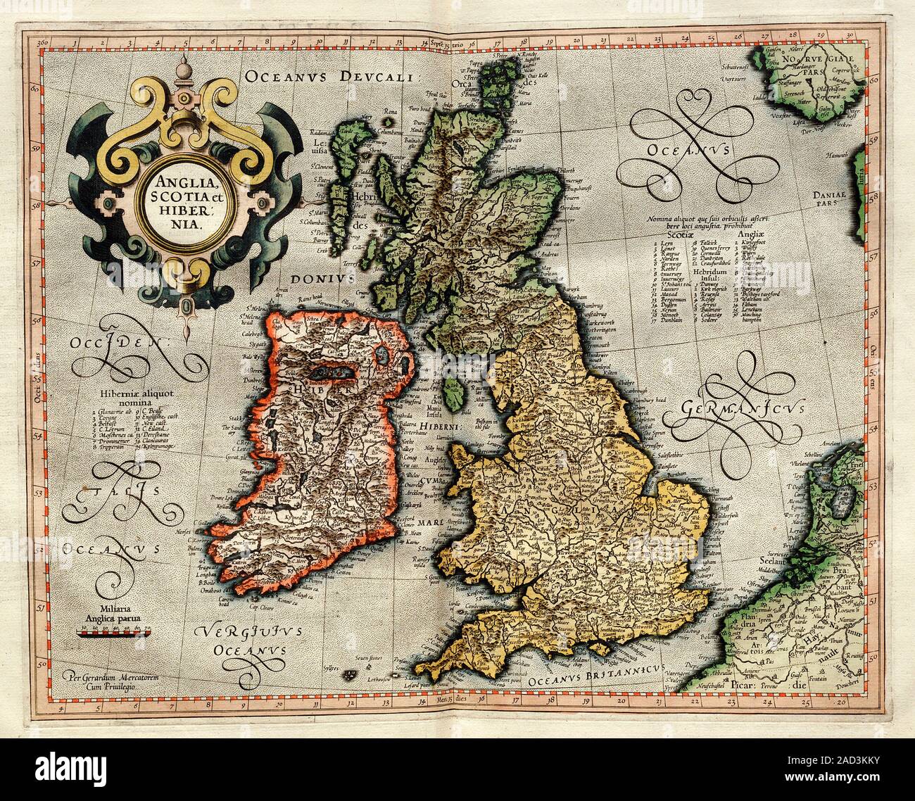 Ireland and Britain, 1595 Mercator atlas. 16th-century Dutch map of ...